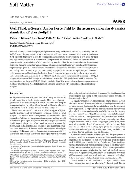 Pdf Gafflipid A General Amber Force Field For The Accurate Molecular Dynamics Simulation Of