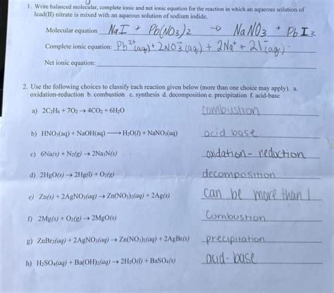 solved 1 write balanced molecular complete ionic and net