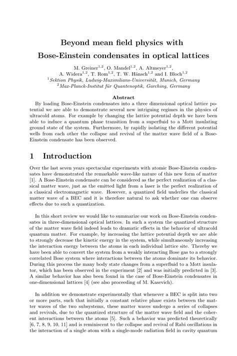 Pdf Beyond Mean Field Physics With Bose Einstein Condensates In