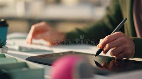 Designer Hand Drawing Stylus Digital Tablet Closeup Unknown Artist Creating Stock Video Video