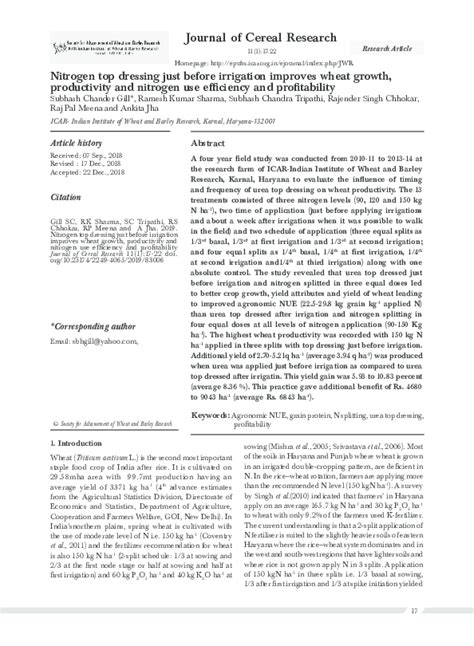 Pdf Nitrogen Top Dressing Just Before Irrigation Improves Wheat Growth Productivity And