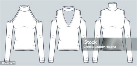 콜드 숄더 탑 테크니컬 패션 일러스트레이션입니다 롤 넥 티셔츠 패션 플랫 기술 도면 템플릿 긴 소매 V 넥 컷 아웃 슬림 핏