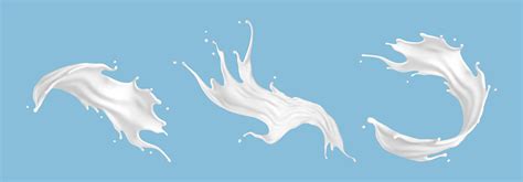 우유 스플래쉬 세트는 파란색 배경에 고립되어 있습니다 천연 유제품 요구르트 또는 크림 스플래쉬 보습 로션 화이트 코스메틱 스플