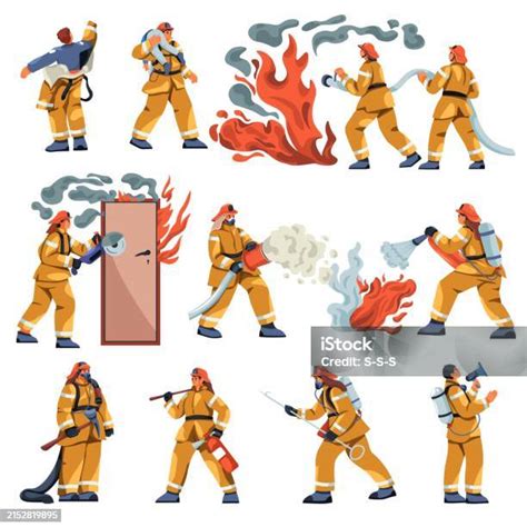 만화 소방관 캐릭터 소방관 유니폼 작업 구조 장비 소화기 응급 안전 전문 소방관 직업 최근 벡터 일러스트 레이 션 가공의 인물에 대한 스톡 벡터 아트 및 기타 이미지