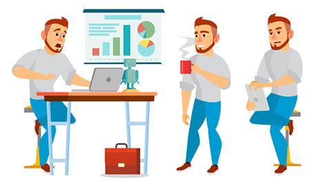 비즈니스 문자 벡터입니다 작업 남자입니다 사무실에서 환경 처리 합니다 전체 길이입니다 프로그래머 관리자입니다 플랫 만화 캐릭터
