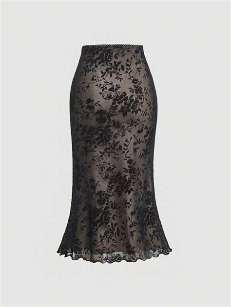Shein Mod Floral Print Lettuce Trim Mesh Overlay Skirt Shein Usa