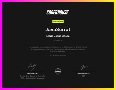 Certificado De Curso De Javascript Hecho En Coderhouse Maria Jesus Cosso