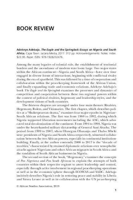 Pdf Adekeye Adebajo The Eagle And The Springbok Essays On Nigeria