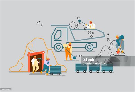 석탄 광산 추출 산업 개념 도구 운송 및 기술 작업 장비 운송 기술과 채석장에서 작업 광부 문자 만화 플랫 벡터 일러스트 라인 아트 공장 산업 건물에 대한 스톡 벡터 아트