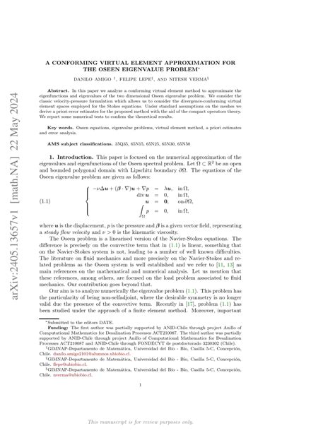 Pdf A Conforming Virtual Element Approximation For The Oseen Eigenvalue Problem