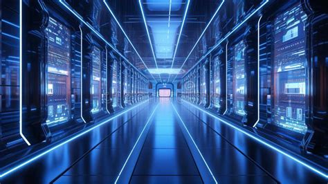 Modern Server Room Corridor In Data Centre With Supercomputer Racks Neon Lights And