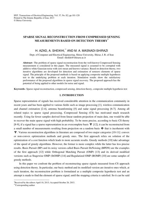 Pdf Sparse Signal Reconstruction From Compressed Sensing Measurements Based On Detection Theory