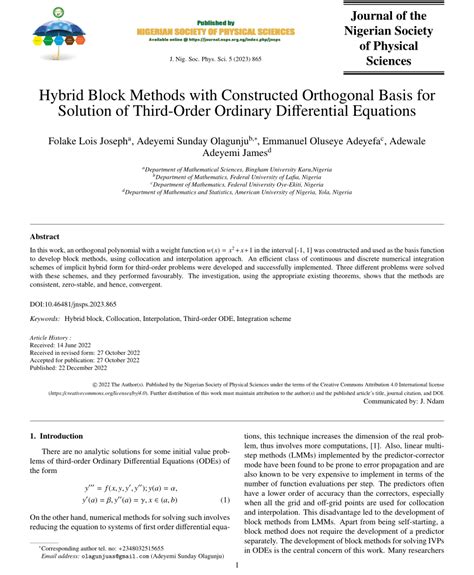 Pdf Hybrid Block Methods With Constructed Orthogonal Basis For Solution Of Third Order