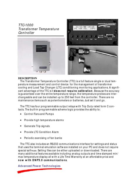 Ttc 1000 Transformer Temperature Controller Description Pdf Transformer Relay