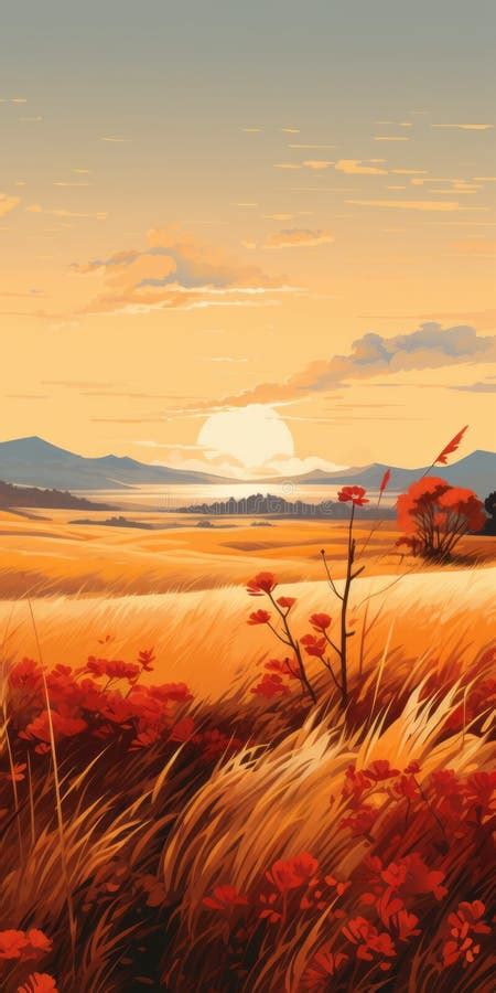 Romantic Landscape Red Grass And Sunset In Amber Light Stock