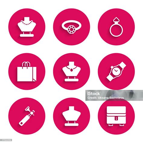 마네킹 보석함 손목 시계 보석상 Lupe 쇼핑 백 보석 다이아몬드 약혼 반지 및 아이콘에 목걸이 설정 벡터 가방에 대한 스톡 벡터 아트 및 기타 이미지 Istock