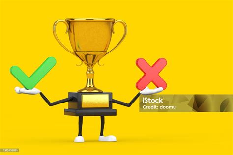 골든 어워드 수상자 트로피 마스코트 인물 캐릭터 적십자 및 그린 체크 마크 확인 또는 거부 예 또는 아니오 아이콘 기호 3d 렌더링 결정에 대한 스톡 사진 및 기타 이미지