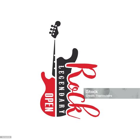 락 클럽 또는 흰색 배경에 일렉트릭 기타 벡터 일러스트 레이 션과 축제에 대 한 록 전설적인 오픈 검정과 빨강 상징 0명에 대한 스톡 벡터 아트 및 기타 이미지 Istock
