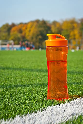 녹색 잔디에 물 오렌지 병 건강한 라이프 스타일의 개념 병 근처에 텍스트 공간을 복사하고 배치합니다 개념에 대한 스톡 사진 및 기타 이미지 Istock