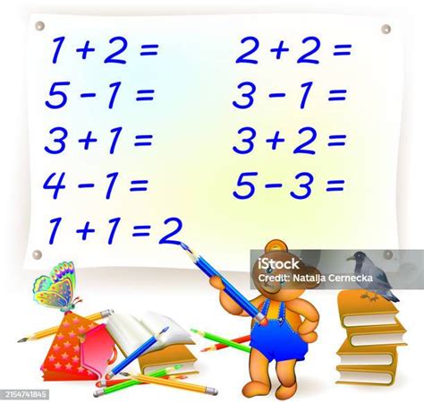 덧셈과 뺄셈에 대한 어린이를 위한 연습 문제가 있는 교육 페이지 곰이 예제를 풀고 숫자를 쓰도록 도와주세요 계산 기술 개발 벡터 이미지입니다 0명에 대한 스톡 벡터 아트 및