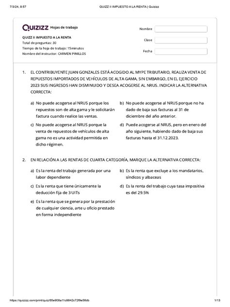Quizz Ii Impuesto A La Renta Quizizz Descargar Gratis Pdf