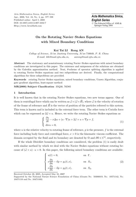 Pdf On The Rotating Navier Stokes Equations With Mixed Boundary Conditions