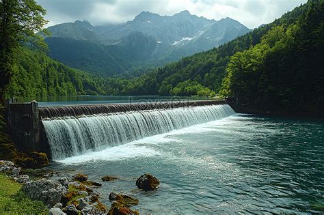 생태 수력 발전 댐에서 맑은 물 흐름