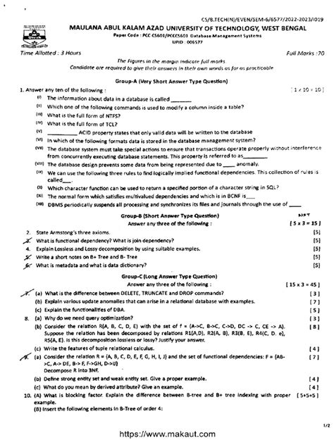 Btech Pcc Cse 6 Sem Database Management Systems Pcc Cs601 2023 Pdf