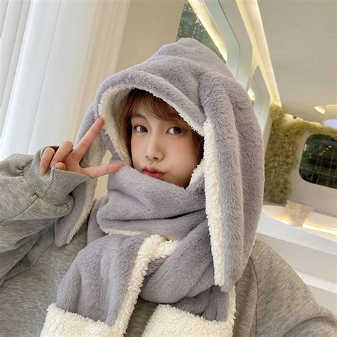 모자 여성 가을 겨울 다목적 한국 스타일 귀여운 토끼 귀 칼라 스카프 장갑 원피스 귀 보호 따뜻함 3 피스 세트 Kr