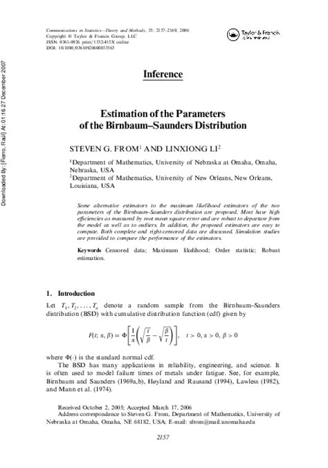 Pdf Estimation Of The Parameters Of The Birnbaumsaunders Distribution
