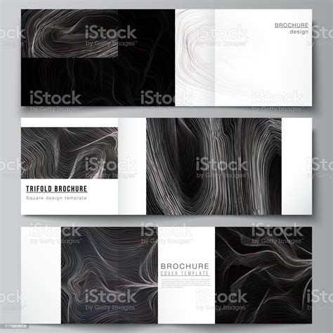 검은색 은 최소 벡터 일러스트 레이아웃입니다 현대 크리에이티브는 삼중 사각형 브로셔 또는 전단지를위한 디자인 템플릿을 다룹니다 3d 그리드 표면 파급 효과가있는 물결 모양의