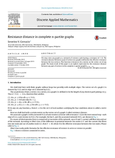 Pdf Resistance Distance In Complete N Partite Graphs