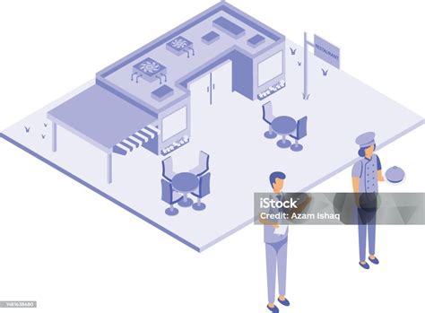 새로 오픈한 길가 간이 식당 아이소메트릭 개념 손님을 기다리는 레스토랑 직원 벡터 아이콘 디자인 비즈니스 센터 열기 기호 운영 비즈니스 상업 거래 구매 스톡 일러스트레이션