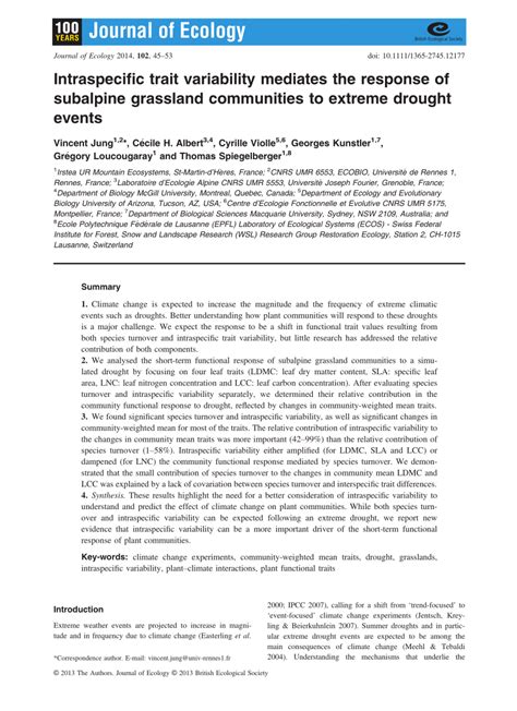 Pdf Intraspecific Trait Variability Mediates The Response Of Subalpine Grassland Communities