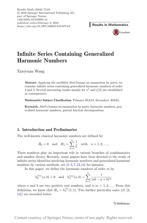 Infinite Series Containing Generalized Harmonic Numbers Request PDF