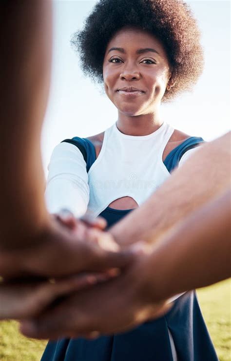 Cheerleader Team Hands Together And Portrait Of Happy Woman In Sports