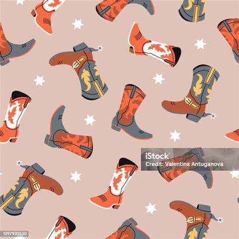 다양한 장식품을 가진 다양한 카우보이 부츠의 완벽한 패턴 컨트리 앤드 웨스턴 음악에 대한 스톡 벡터 아트 및 기타 이미지