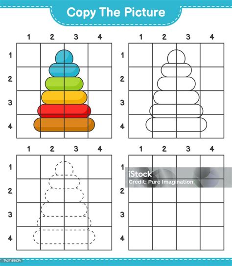 그림을 복사하고 그리드 선을 사용하여 피라미드 장난감의 그림을 복사하십시오 교육 어린이 게임 인쇄 가능한 워크 시트 벡터 일러스트 레이 션 0명에 대한 스톡 벡터 아트 및