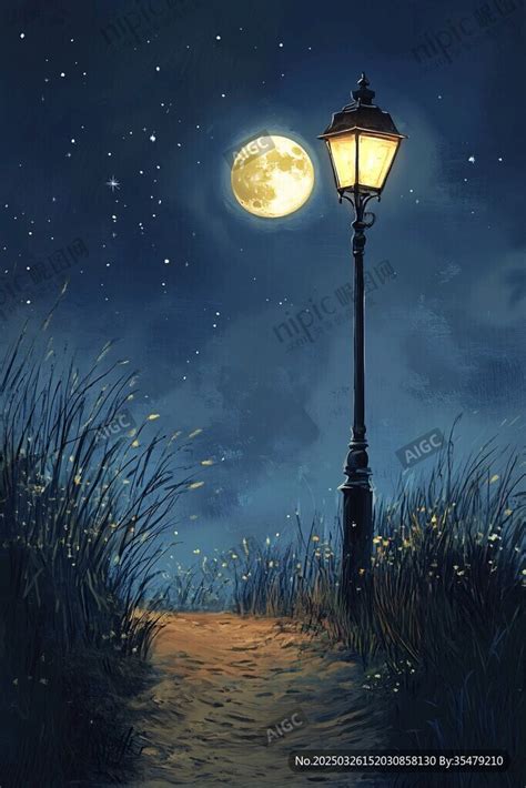 Ai创作图月夜 路灯 小径 草地 星空 月光 夜晚 梦幻 唯美 氛围 自然 静谧 浪漫 风景 插画 昵图网