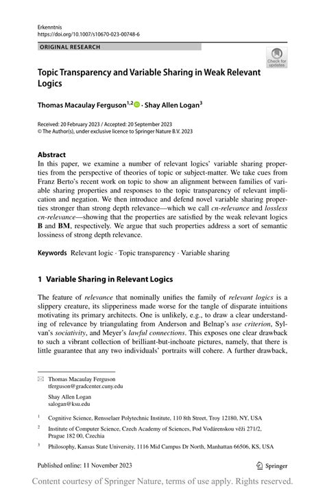 Topic Transparency And Variable Sharing In Weak Relevant Logics Request Pdf