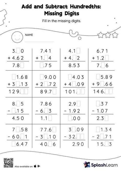 Add And Subtract Hundredths Missing Digits Worksheet