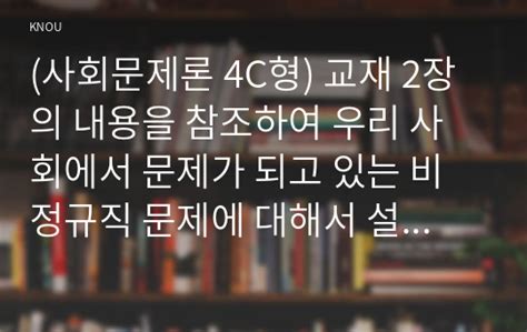 사회문제론 4c형 교재 2장의 내용을 참조하여 우리 사회에서 문제가 되고 있는 비정규직 문제에 대해서 설명하고 이것이 왜 문제가 되는지 그 대안에 대해서 서술하시오 방송통신대