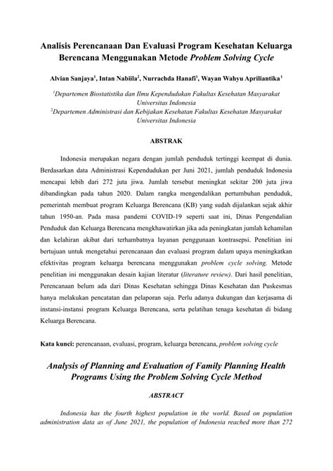 PDF Analysis Of Planning And Evaluation Of Family Planning Health Programs Using The Problem