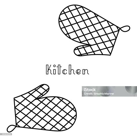 두 개의 오븐 장갑과 손으로 그린 글자 부엌 단어 개요 흰색 배경에 고립 된 간단한 미니멀 한 평면 디자인 벡터 일러스트레이션의 주방 도구 세트 가정 생활에 대한 스톡 벡터