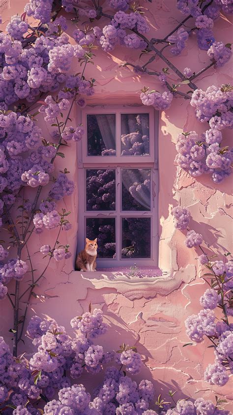 보라색 꽃이 가득한 밝은 분홍색 벽 4 배경화면 섹션 꽃