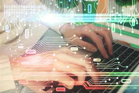 Premium Photo Double Exposure Of Woman Hands Working On Computer And Data Theme Hologram