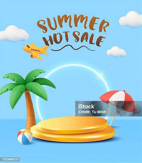 3d 여름 판매 배너 템플릿 연단 야자수 비치 파라솔 및 배경에 고립 된 공 3d 여행 할인 배너 와 무대 벡터 0명에 대한 스톡 벡터 아트 및 기타 이미지 Istock