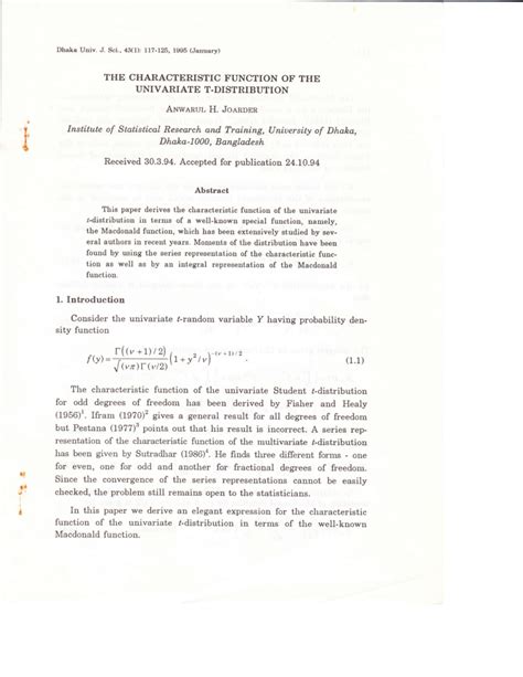 Pdf The Characteristic Function Of The Univariate T Distribution