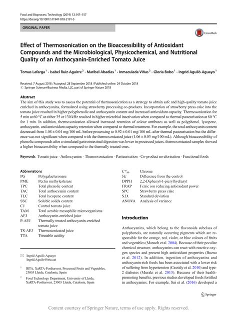 Effect Of Thermosonication On The Bioaccessibility Of Antioxidant