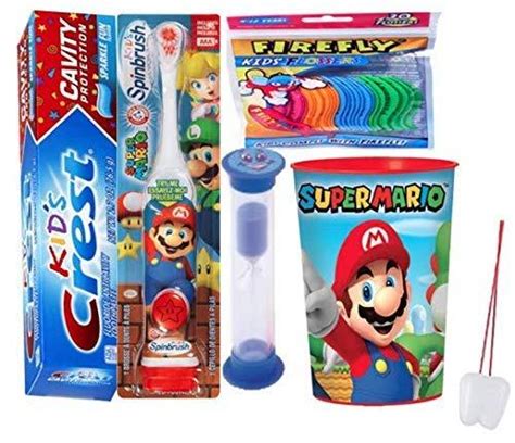 Super Mario Brothers Oral Hygiene Bundle Spinbrush Toothpaste Timer Mouthwash Flossers